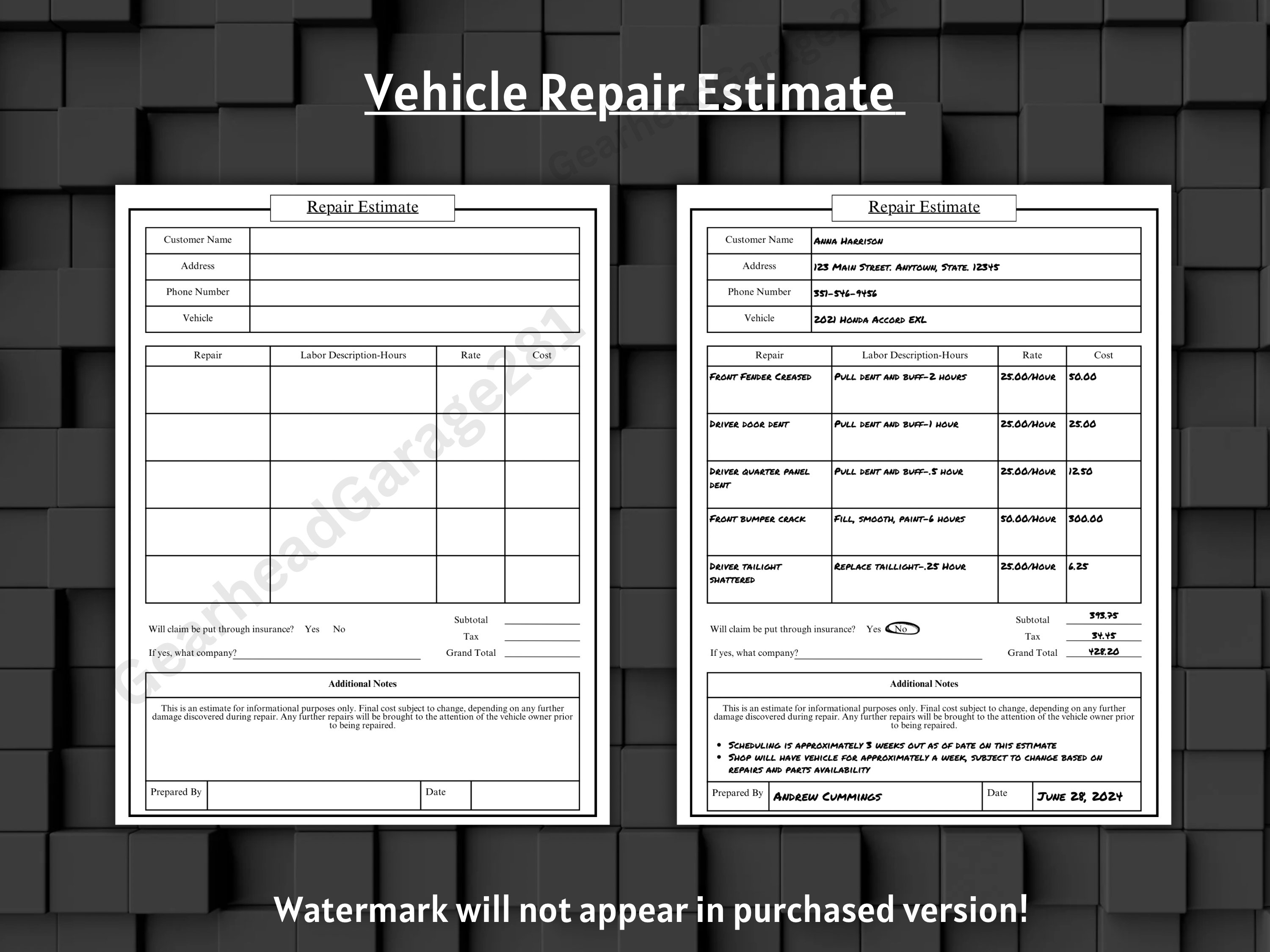 Visual Vehicle Inspection Report, Estimate Template, Repair Estimate ...