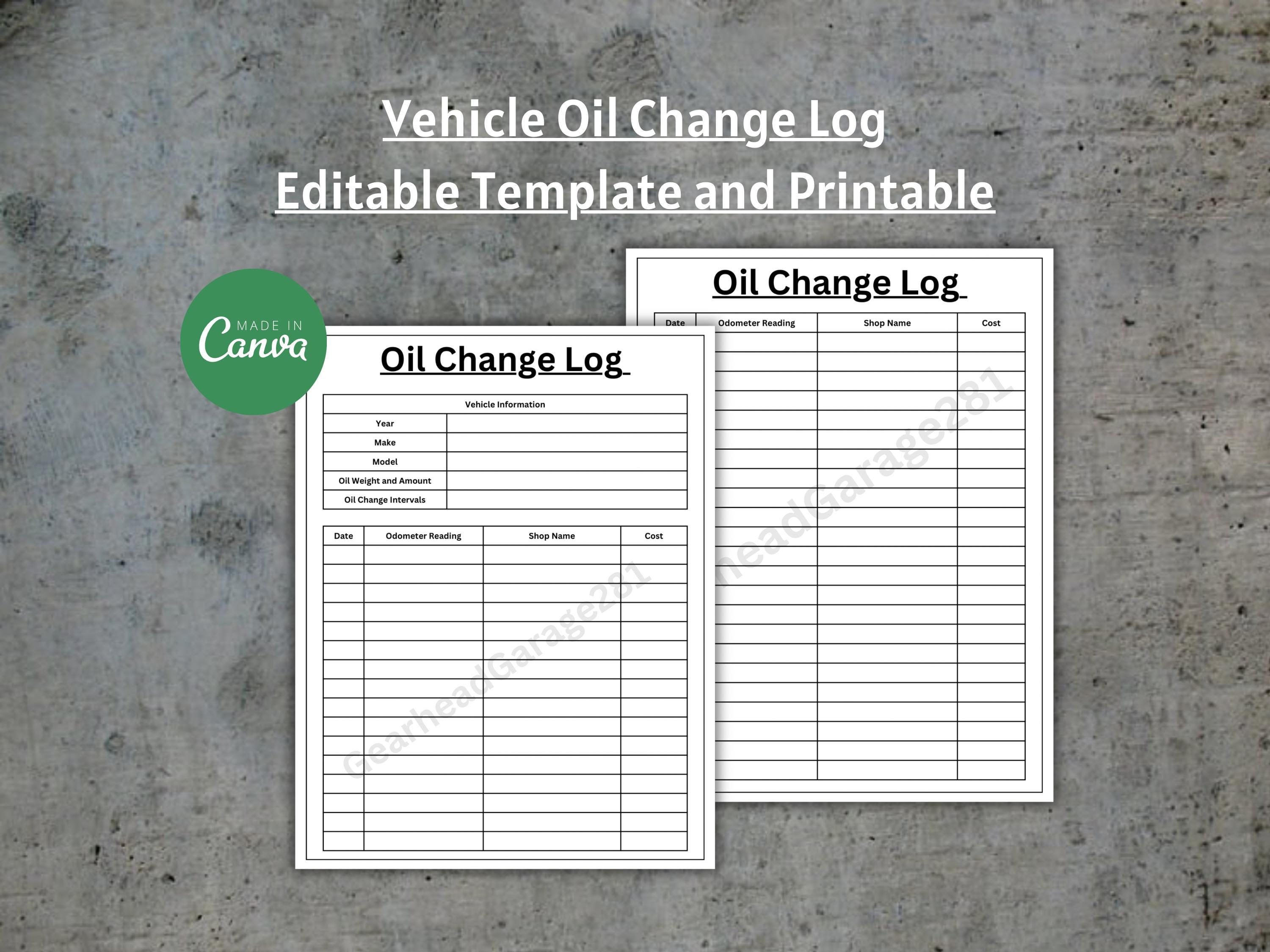 Oil Change Log, Oil Change, Vehicle Maintenance, Vehicle Maintenance ...