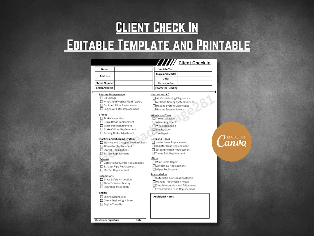 Auto Repair Log Template: Client Intake Form (digital Download) - Etsy