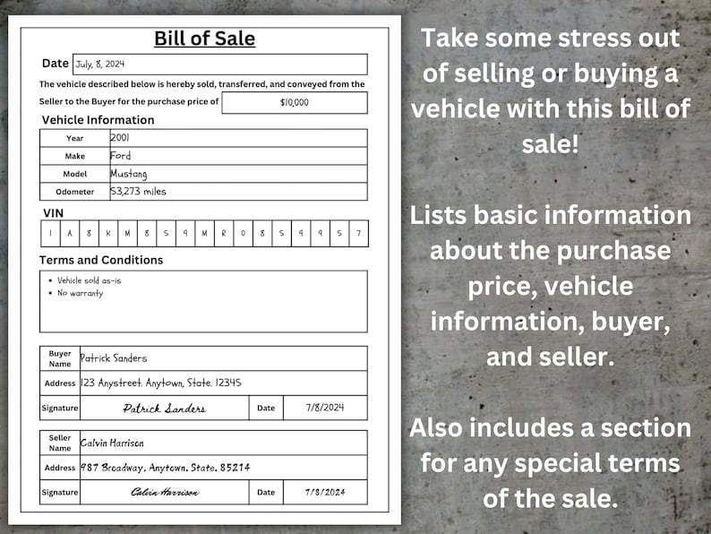 Editable Vehicle Bill of Template, Printable Canva Form (digital ...