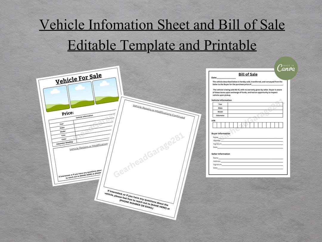 Vehicle Sale, Bill of Sale for Vehicle, Vehicle Information, Vehicle ...