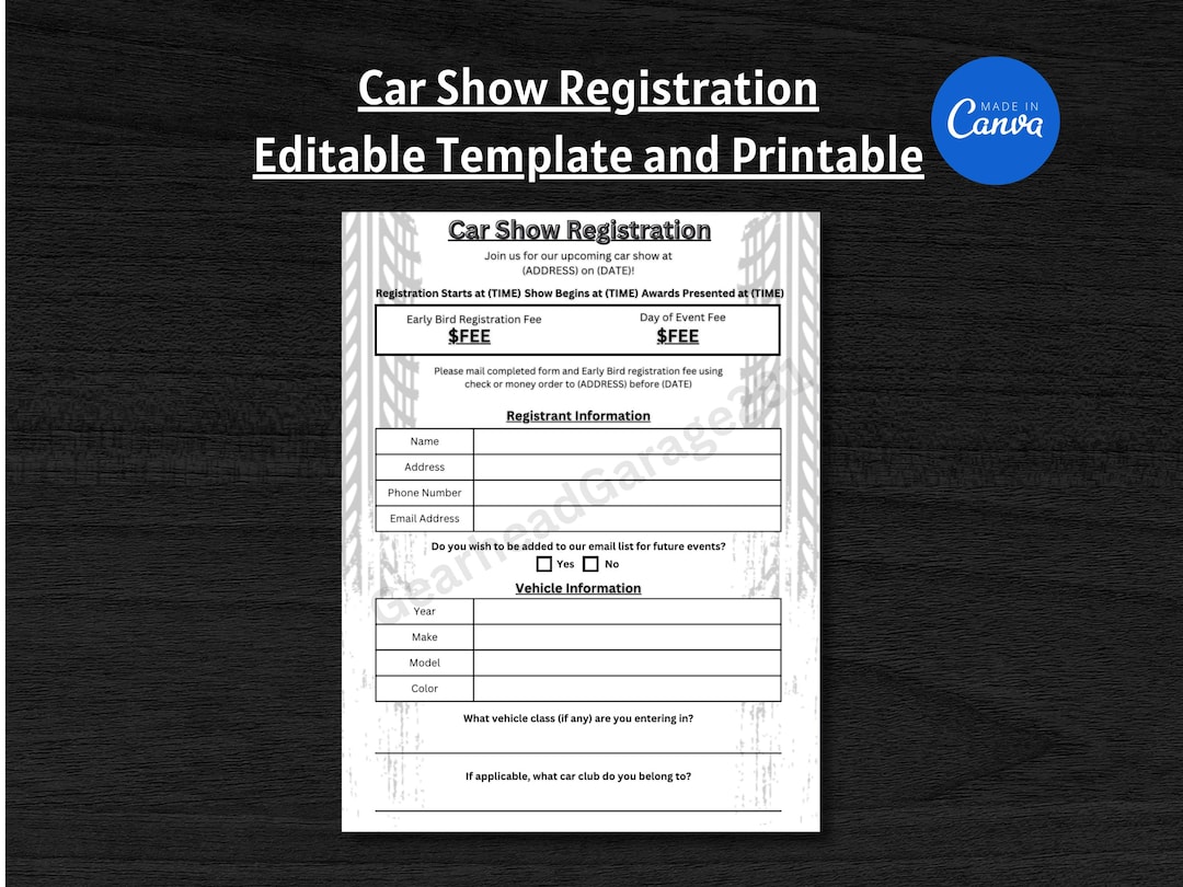Car Show Entry Form Template: Classic, Exotic, Euro Car Event (canva ...