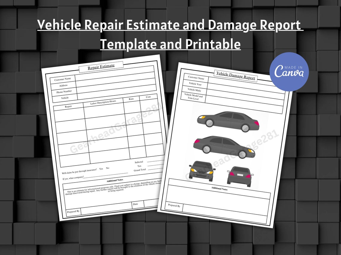 Visual Vehicle Inspection Report, Estimate Template, Repair Estimate ...