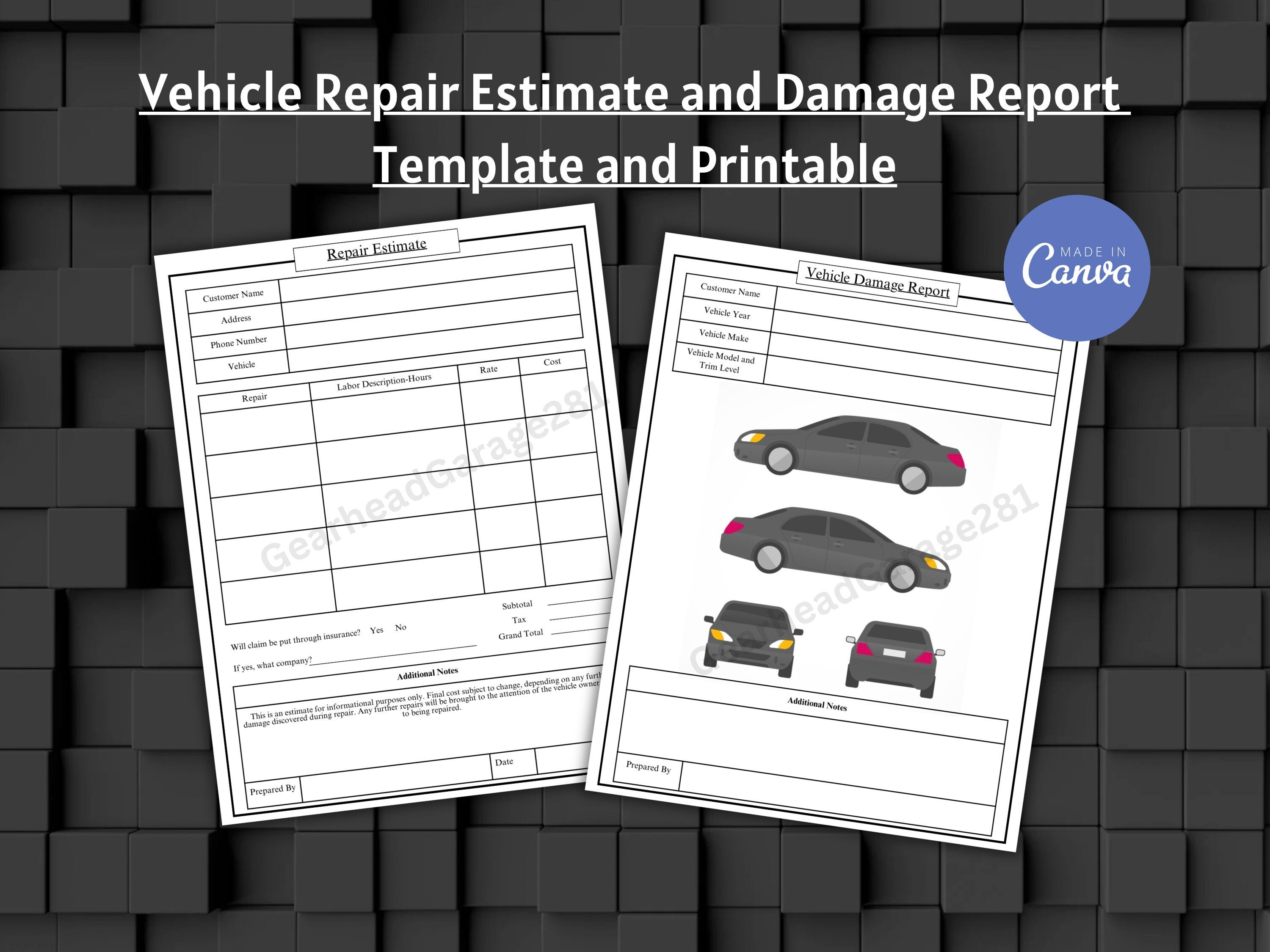 Visual Vehicle Inspection Report, Estimate Template, Repair Estimate ...