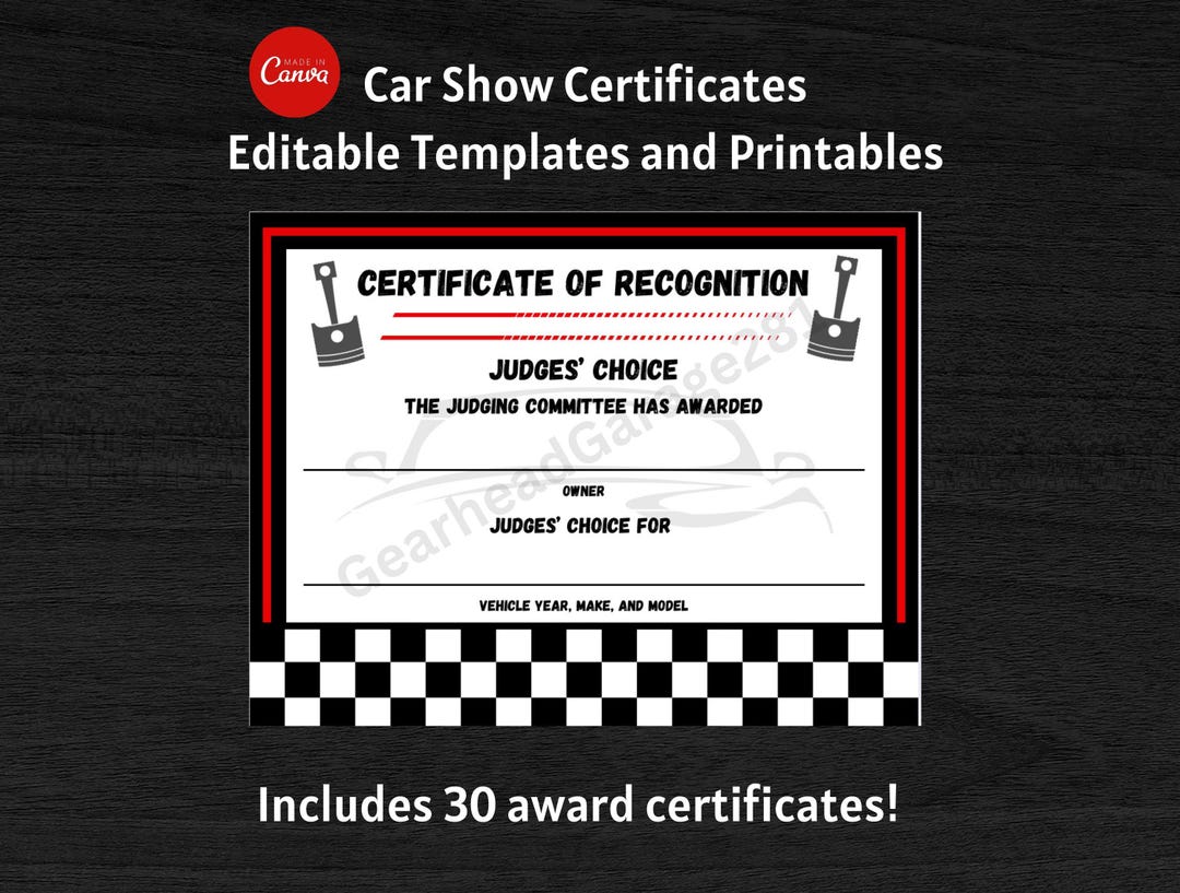 Car Show Award Certificate Template: Customizable Printable (PDF) - Etsy