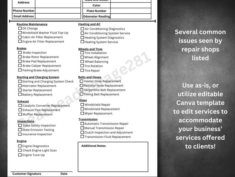 Auto Repair Log Template: Client Intake Form (digital Download) - Etsy