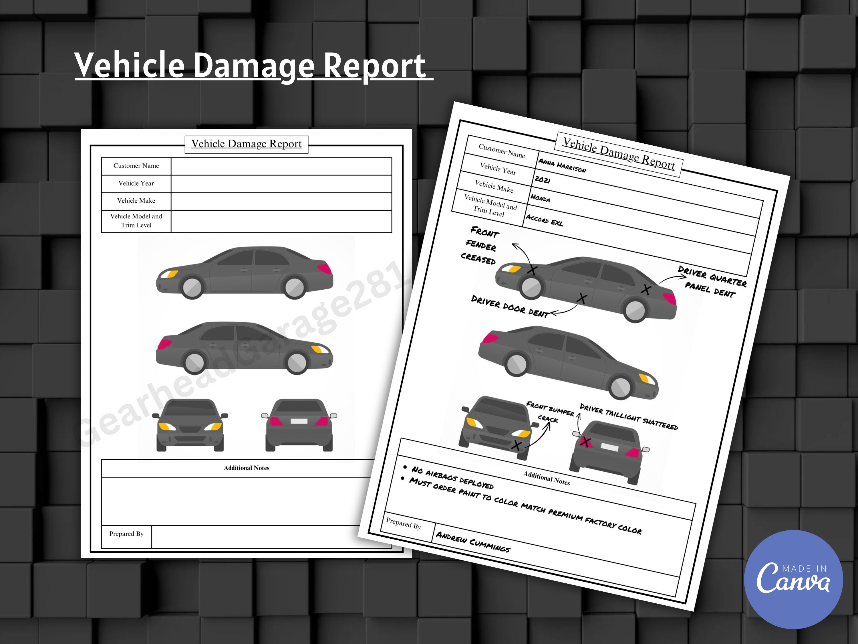 Visual Vehicle Inspection Report, Estimate Template, Repair Estimate ...