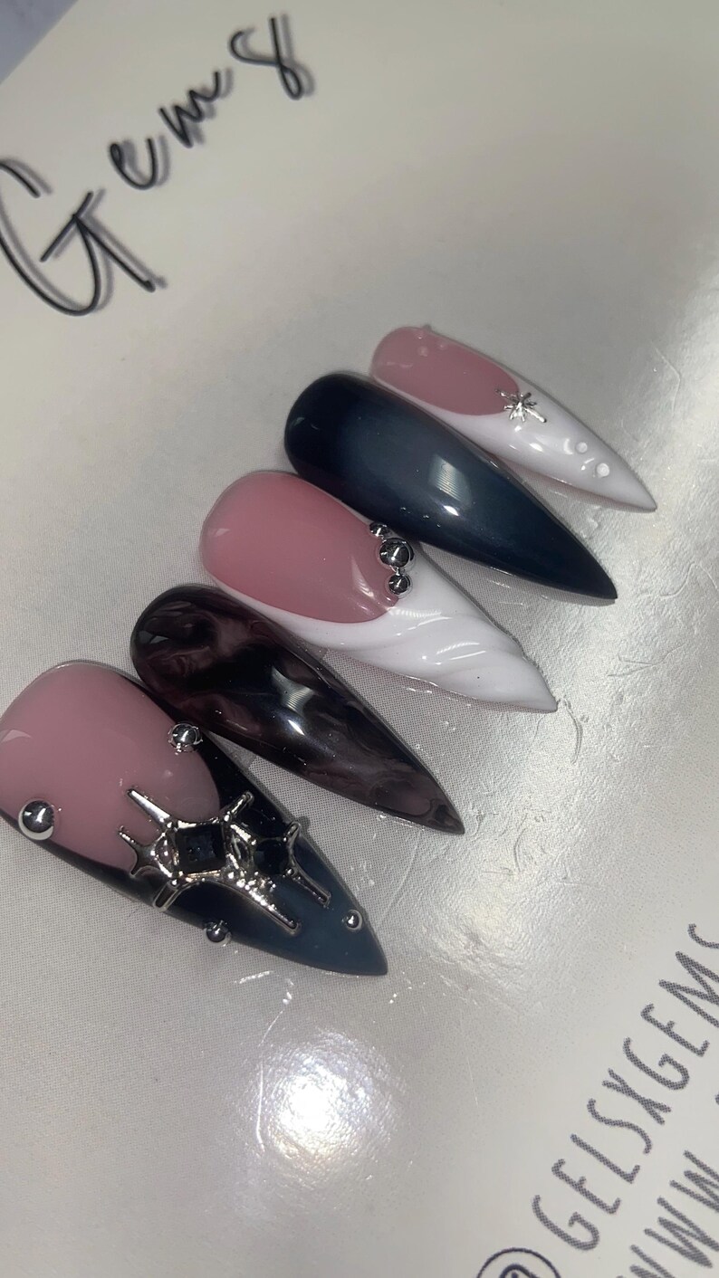 Y2k Goth French Tip Press Ons With Silver Charms, Aura, Black Marble ...
