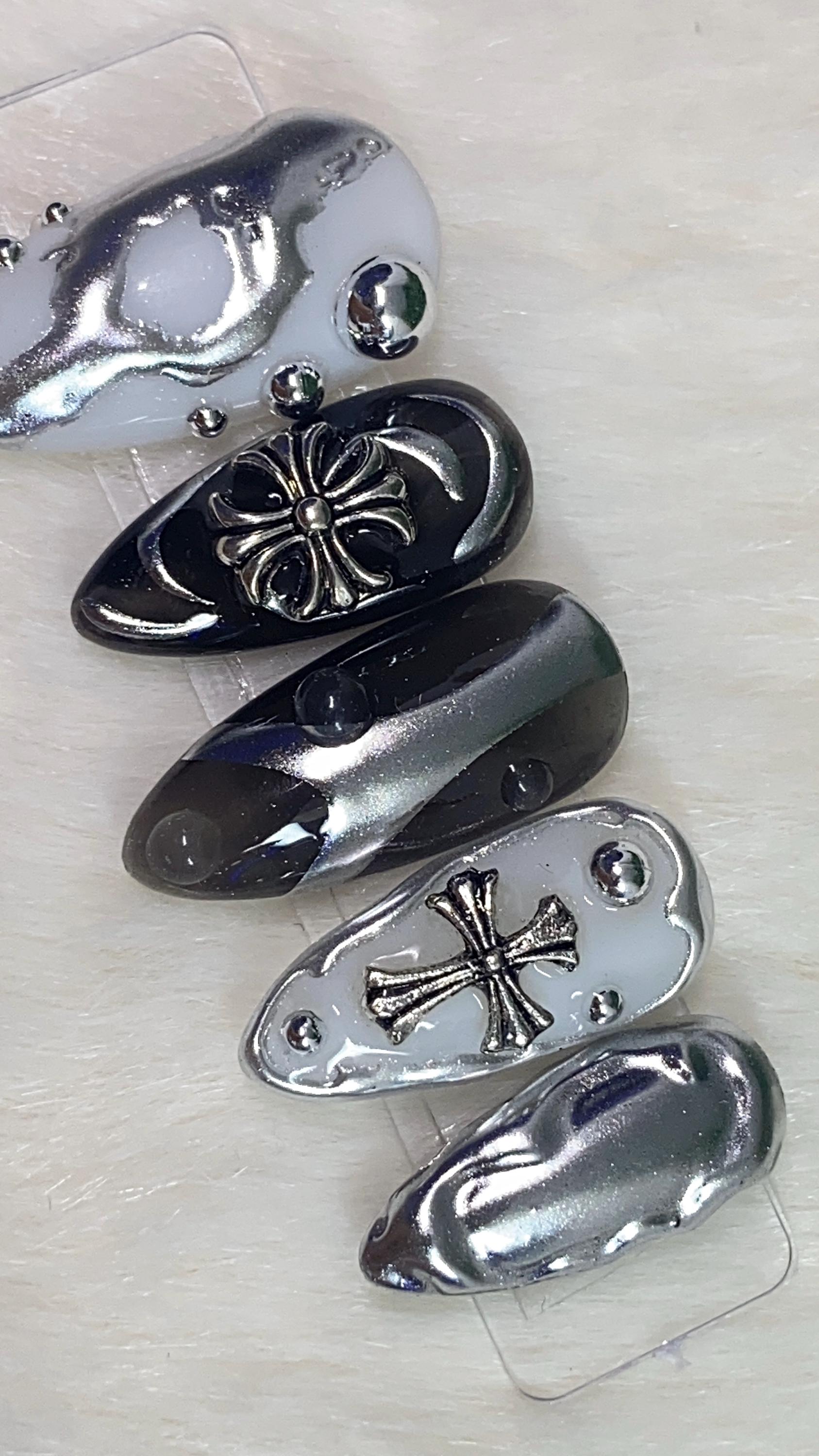 Y2K Goth Press on Nails: Black Chrome, Punk Cross 3D Art - Etsy