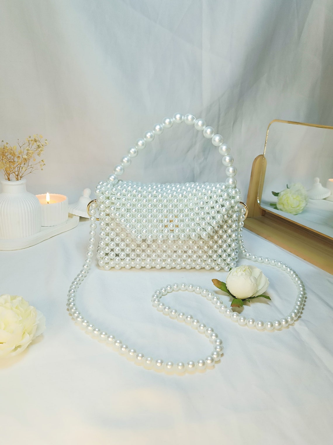 Pearl Beaded Bag, Pearl Wedding Bag, Cream Beaded Bridal Bag, Pearl ...