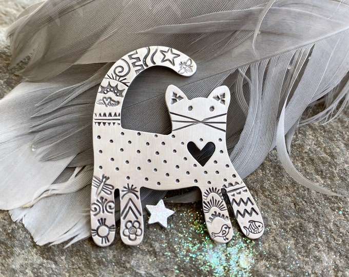Cat Pin, Handmade Cat Pin, Silver Cat Pin, Kitty Pin - Etsy