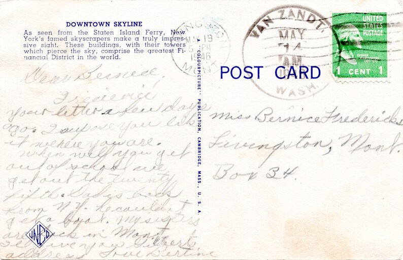 Vintage Postcard DOWNTOWN SKYLINE of New York City Postmarked 1946 With ...