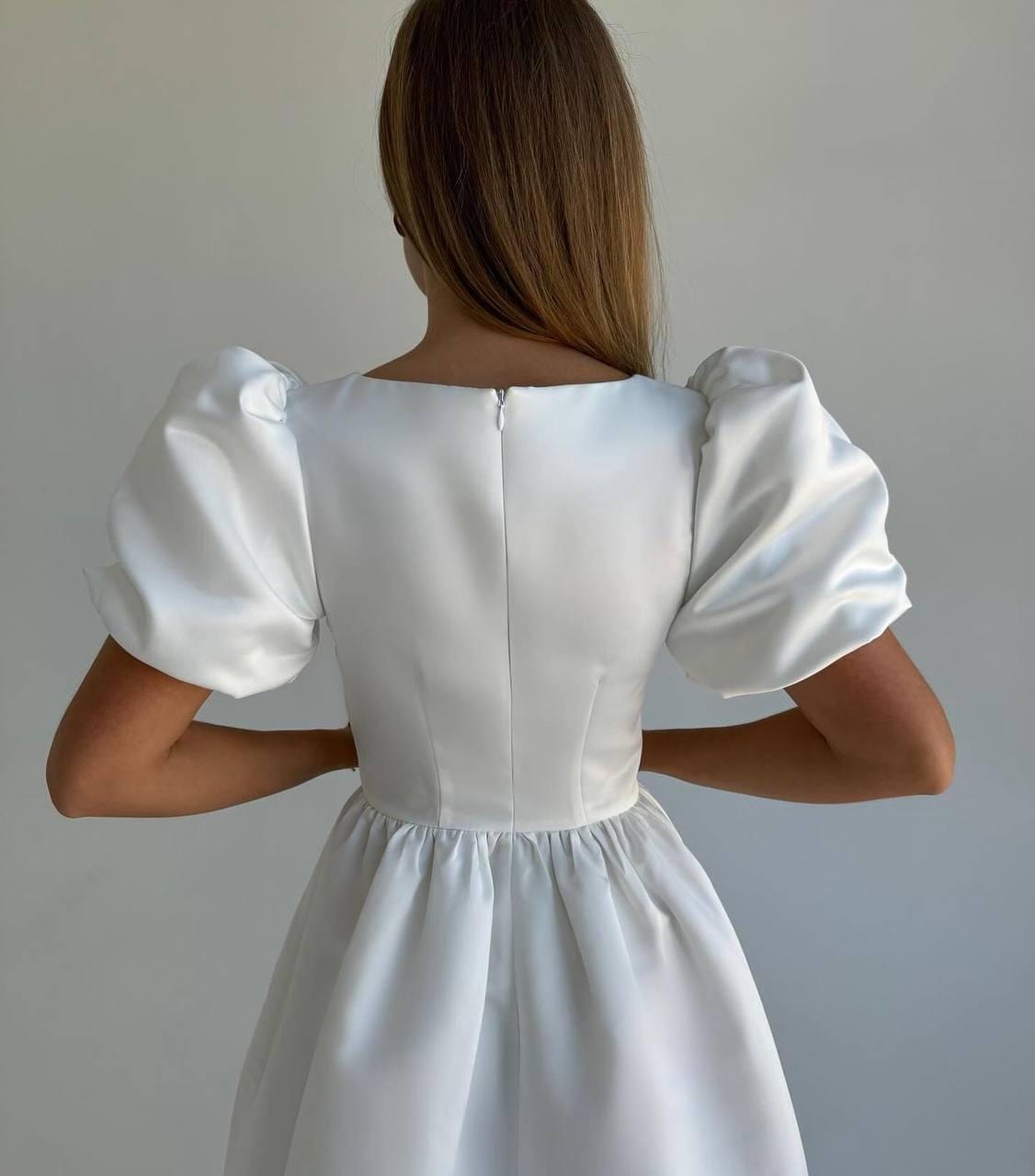 Elegant White Puff Sleeve Dress With Square Neckline, Summer Party ...