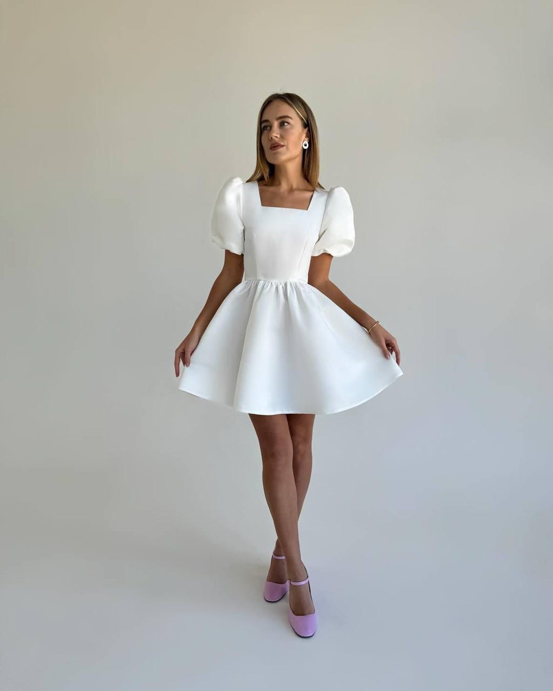 Elegant White Puff Sleeve Dress With Square Neckline, Summer Party ...