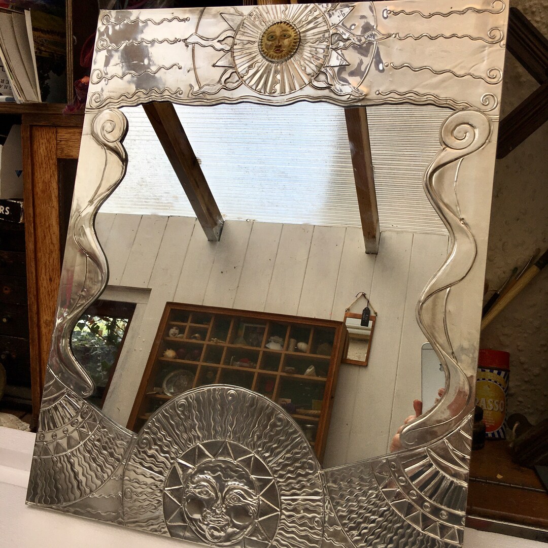 Hand Tooled Pewter Sun Face Mirror: Unique Bathroom Decor (16x20 Inches ...