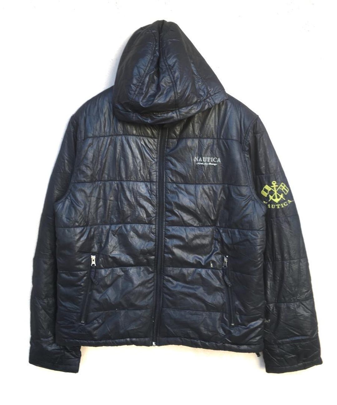 Vtg 90s NAUTICA Sailing Cross Flag Logo Light Puffer Jacket Hooded XL ...