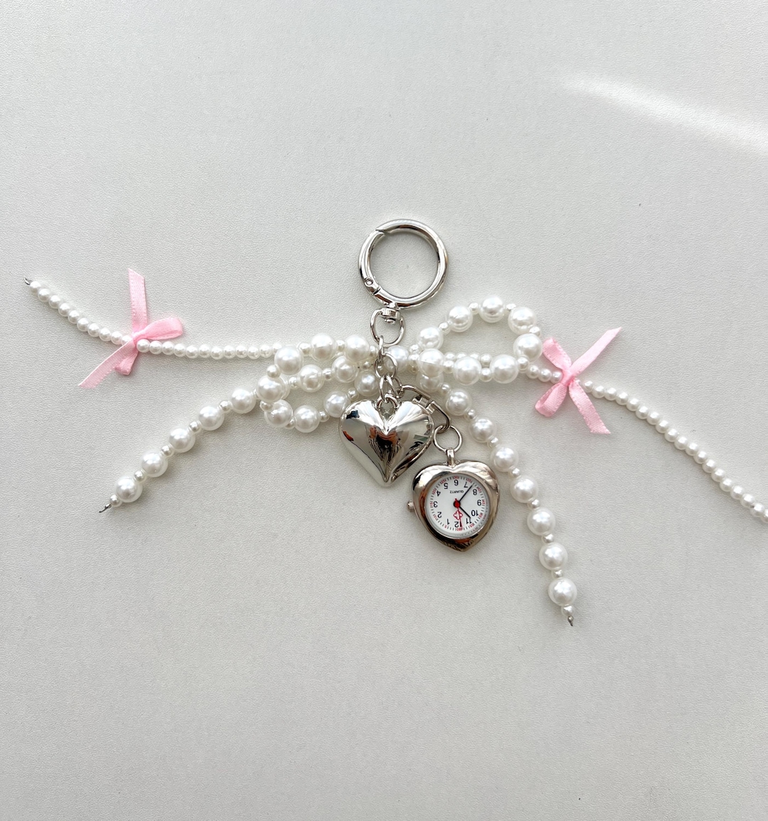 Cute Pearl Bow Heart Watch Keychain, Silver Heart Watch, Cross Pendant ...