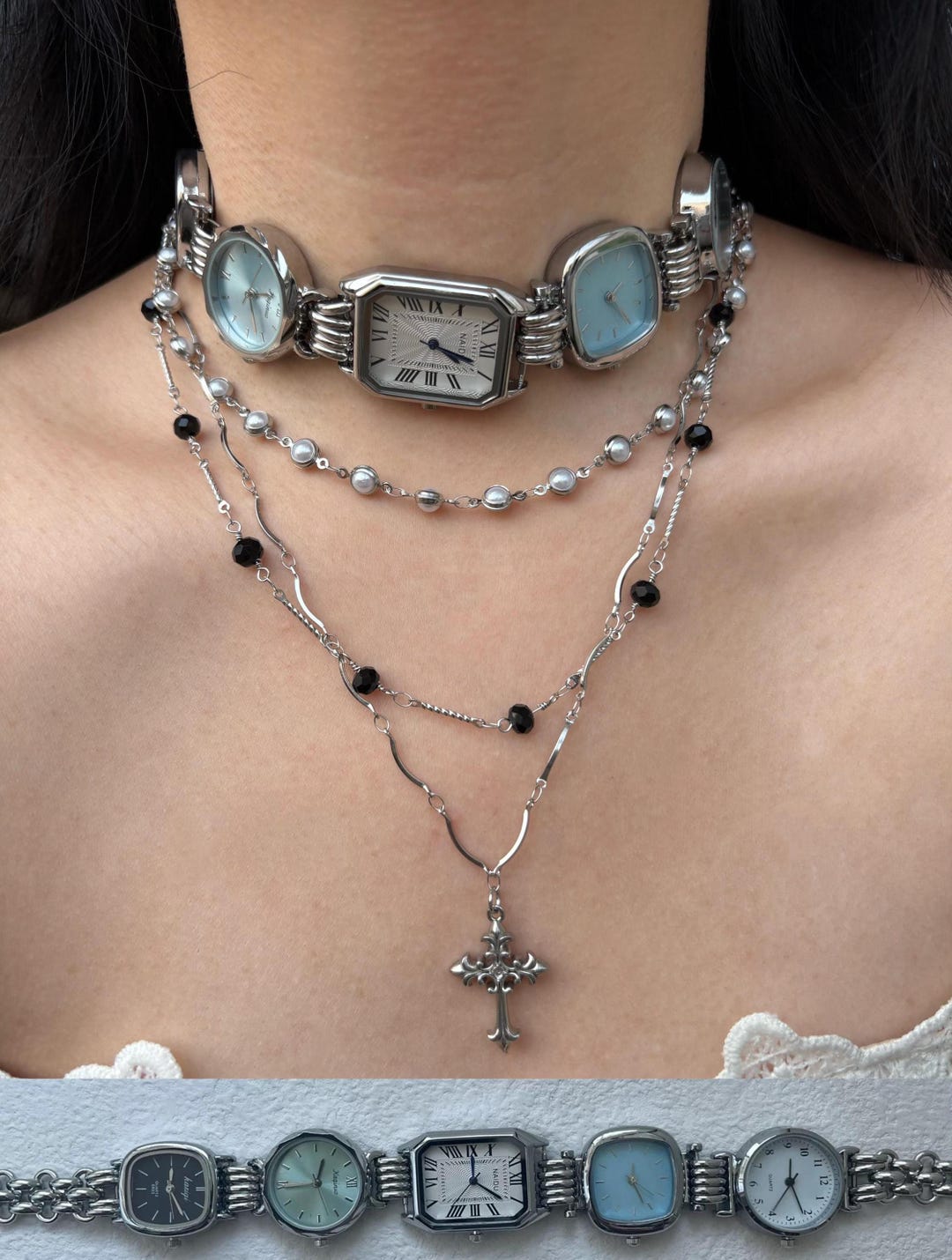 Vintage Five Watch Faces Choker Necklace,silver Chain Choker, Cross ...