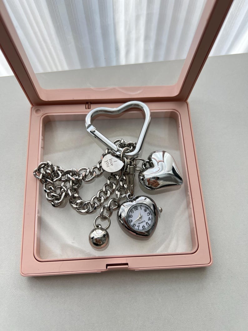 Silver Heart Watch Keychain, Heart Watch Bag Accessory, Heart Hook ...