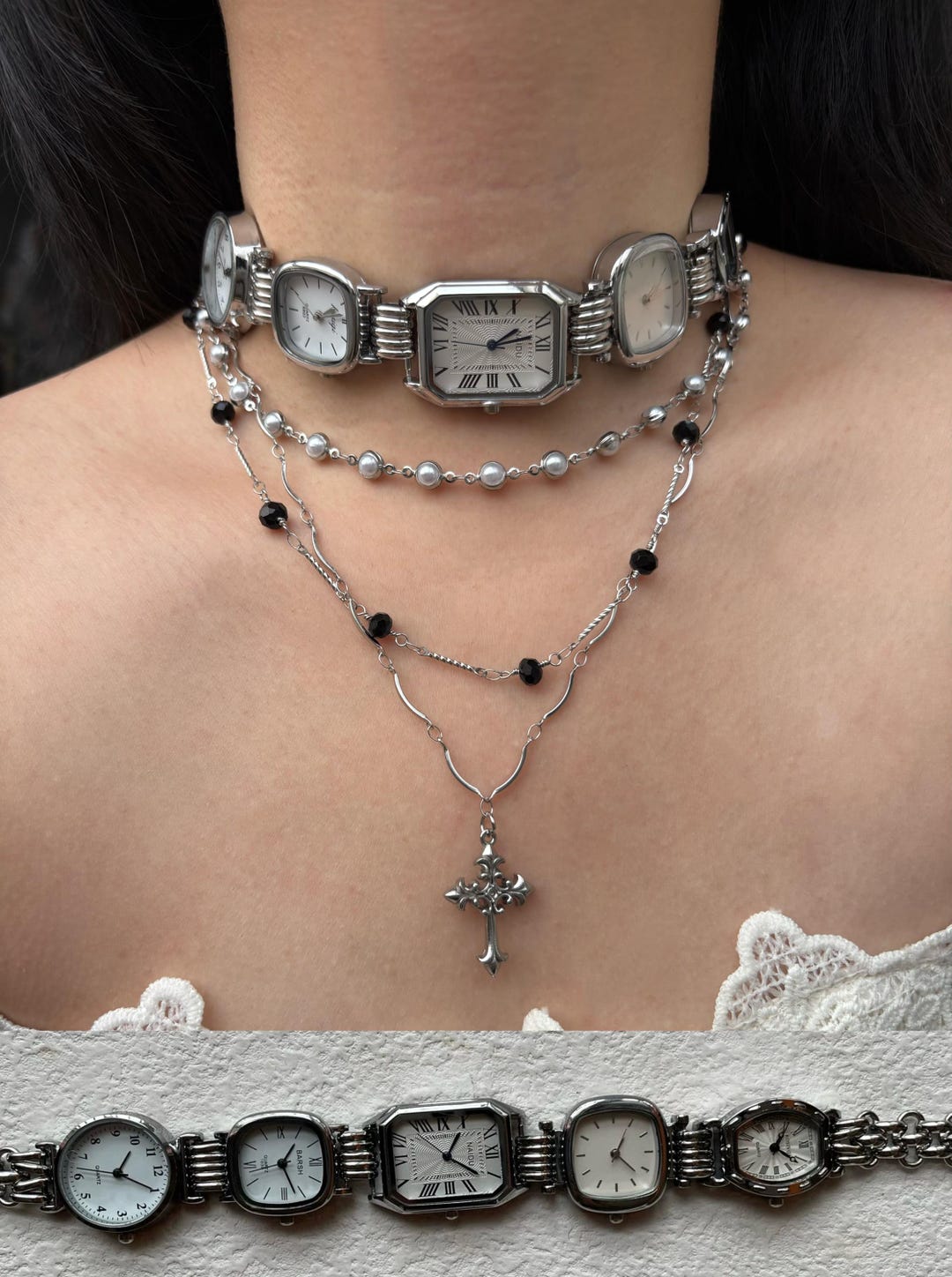 Vintage Five Watch Faces Choker Necklace,silver Chain Choker, Cross ...