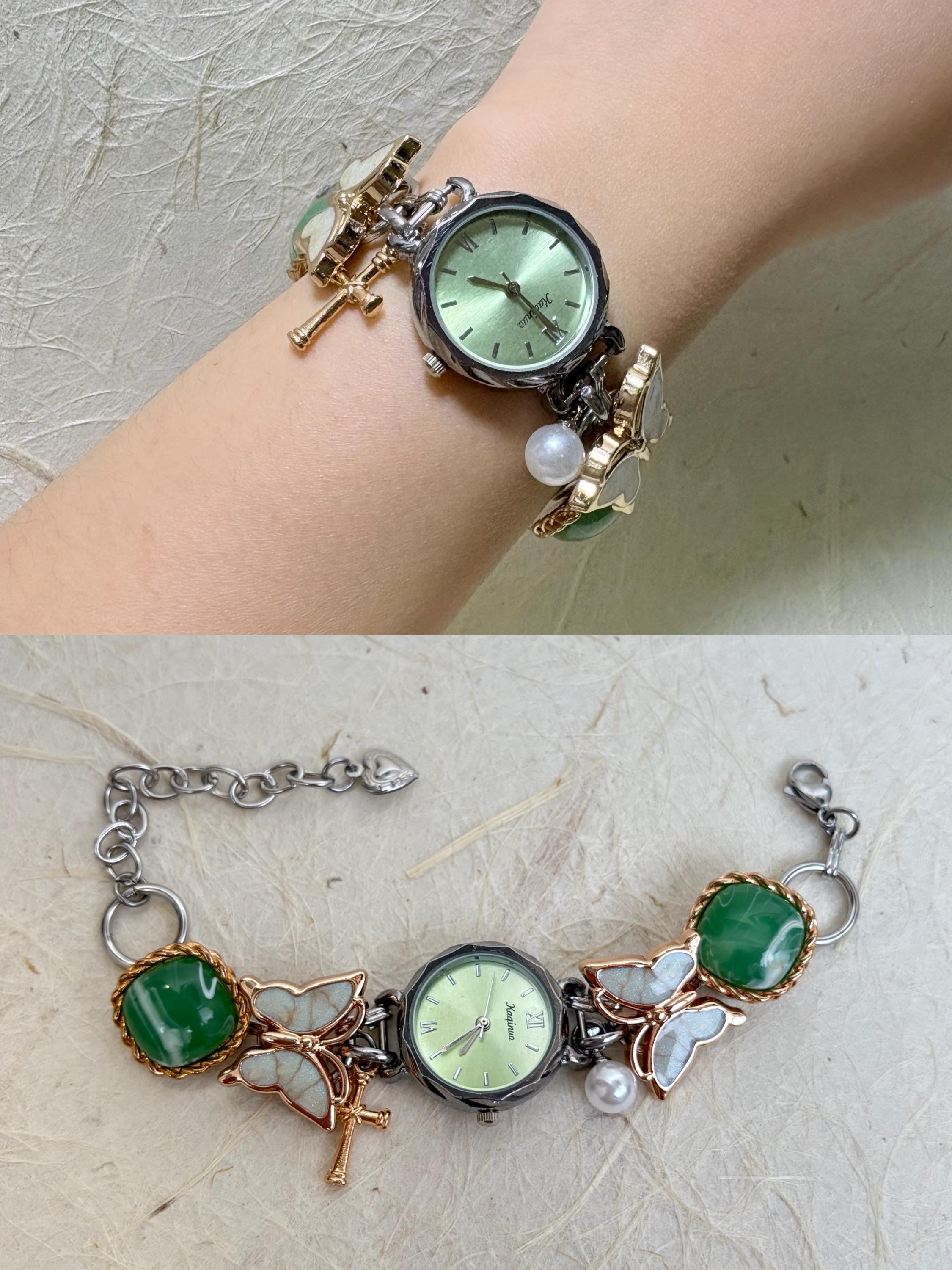 Multi Color Glamorous Charm Watch Bracelet, Vintage Gold Button Women's ...