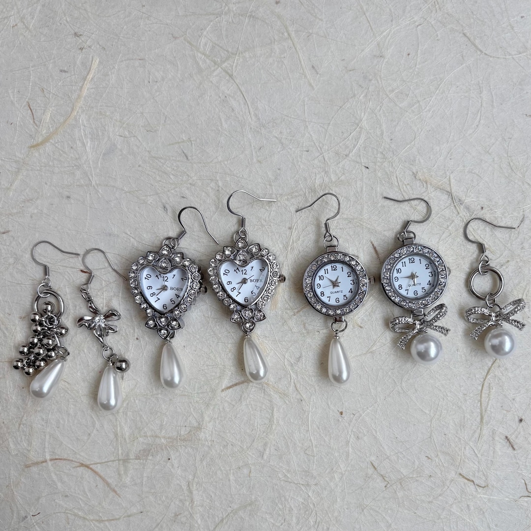 Vintage Silver Clock Earrings, Pearl Clock Earrings, Y2K Silver Diamond ...