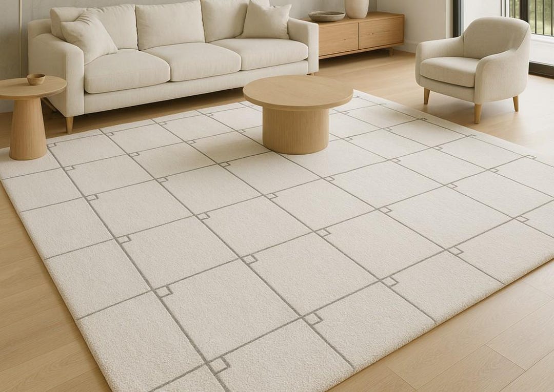 Hand Tufted Wool Rug, Minimalist Grid Pattern, Neutral Beige Modern ...