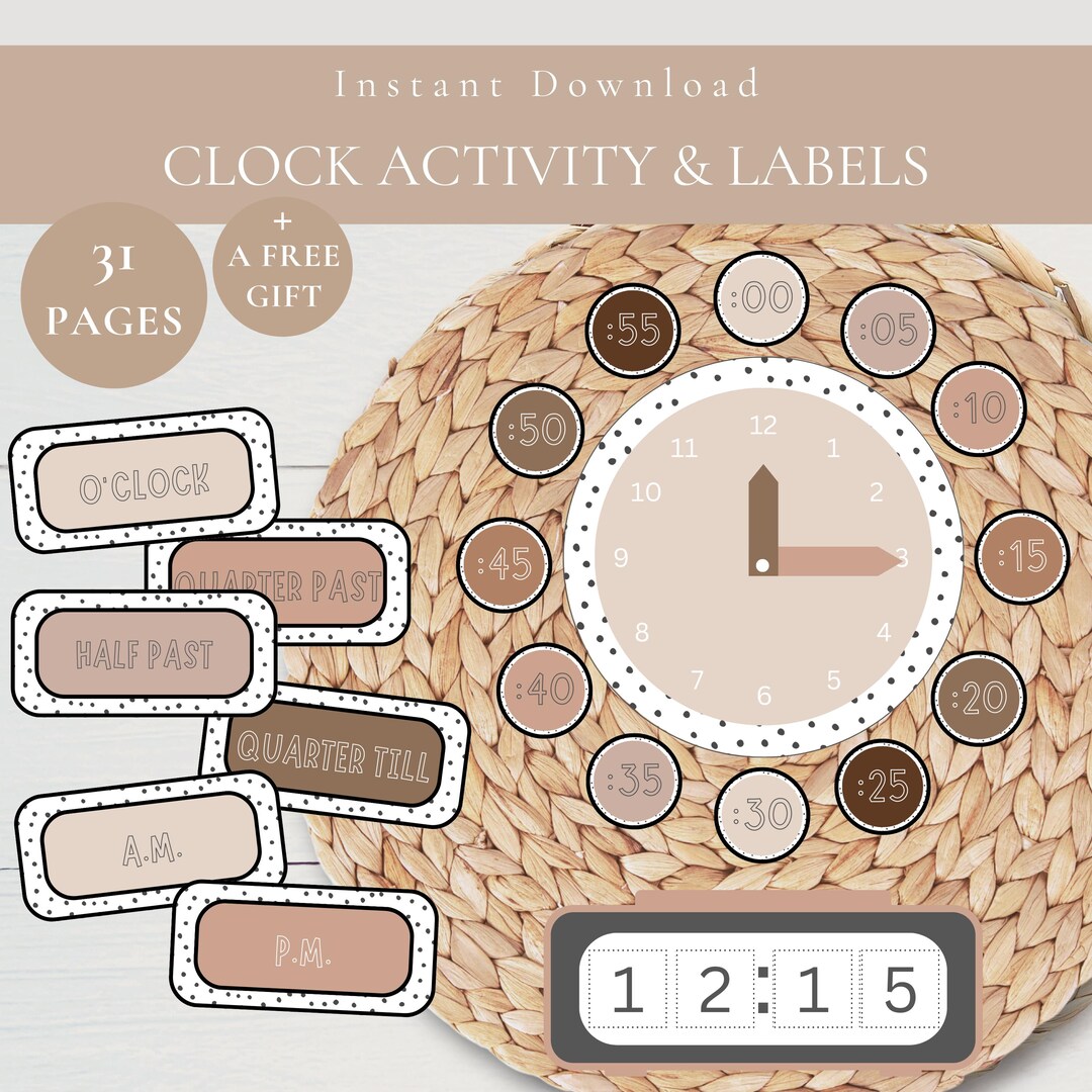 Classroom Clock Display Labels & Activity Printables-neutral Brown ...