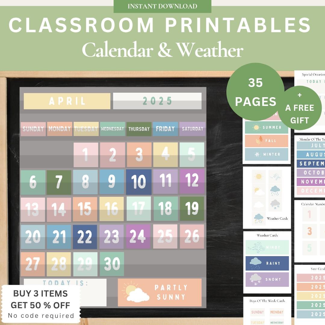 Minimalist Colorful Pastel Rainbow Classroom Calendar & Weather Display ...