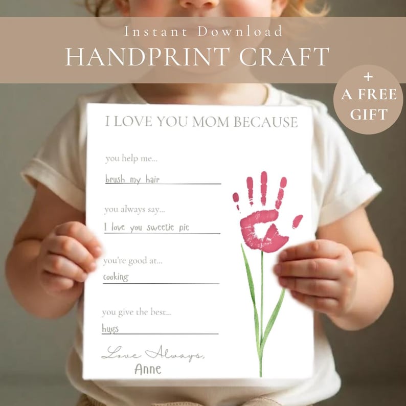 I Love You Mom Because Printable Download-flower Handprint Craft Art ...