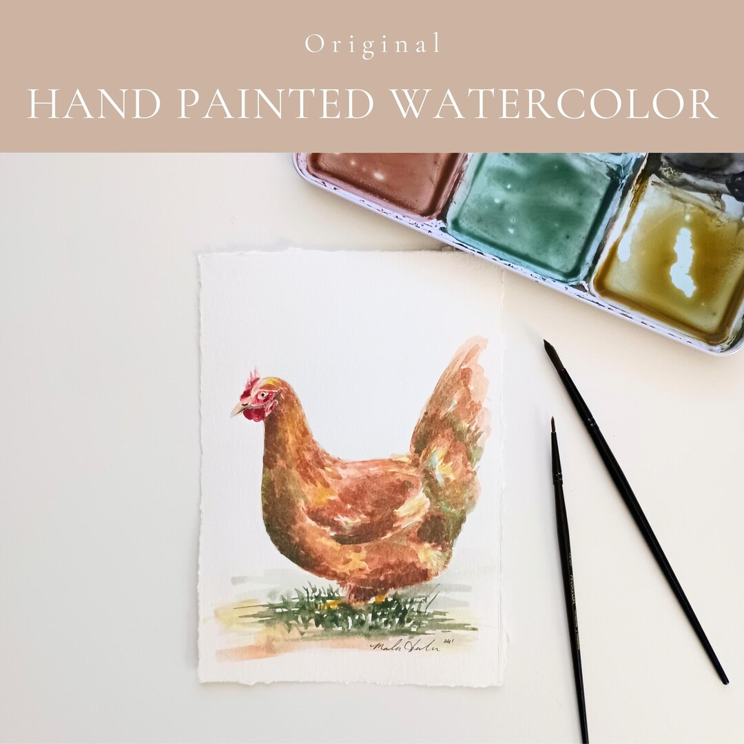 Original Hen Watercolor Painting-farmhouse Kitchen Wall Art-brown ...