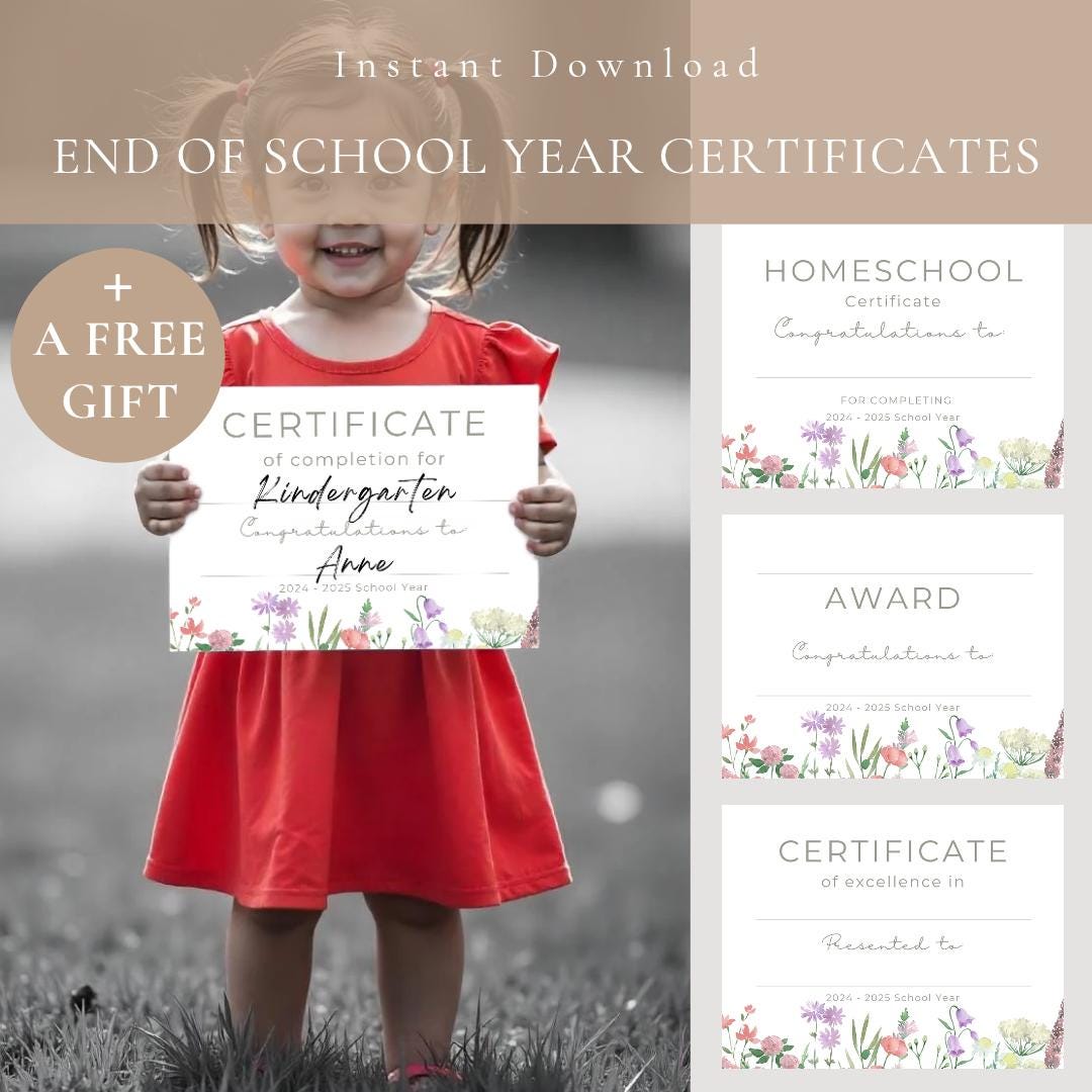 End of School Year Certificate Printable Pastel Wildflower Garden ...