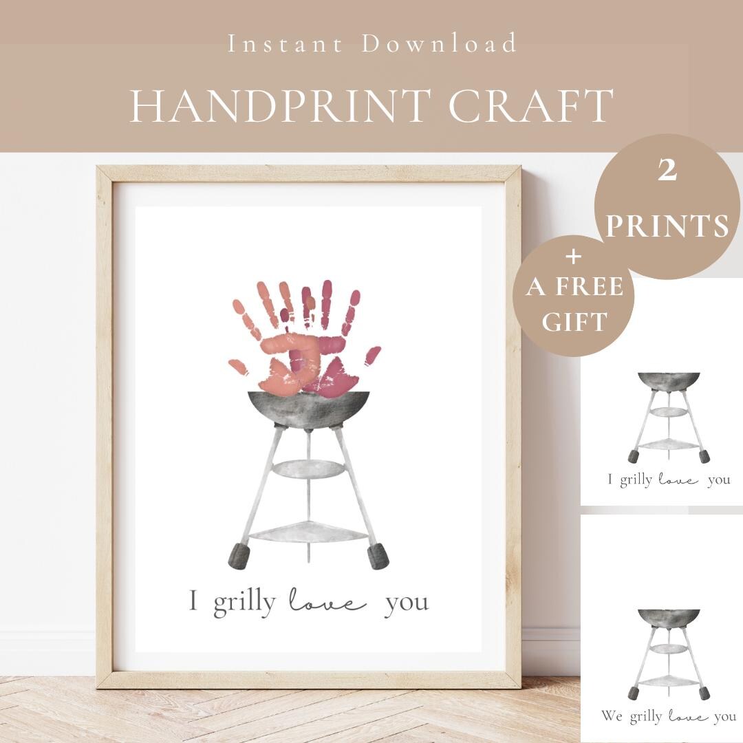 I / We Grilly Love You Handprint Craft Grill Watercolor Art Print-child ...