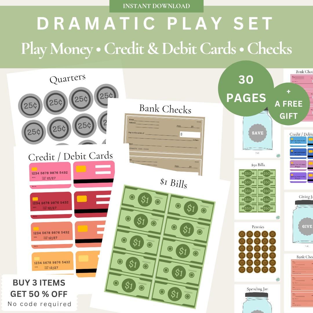 Printable Play Money for Dramatic Play-paper Dollar Bills, Coins ...