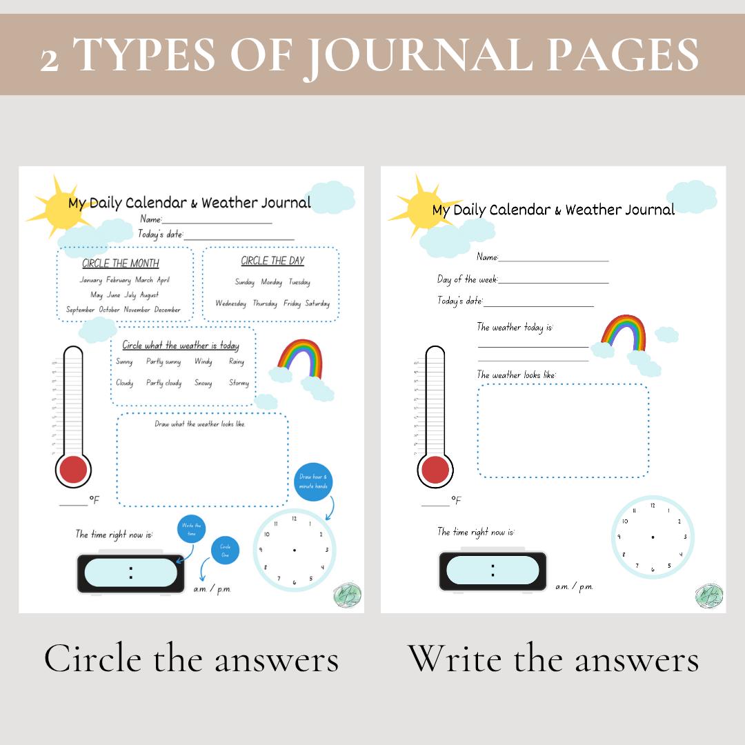 Kids Daily Calendar & Weather Journal Printable Prek to 3rd Grade ...