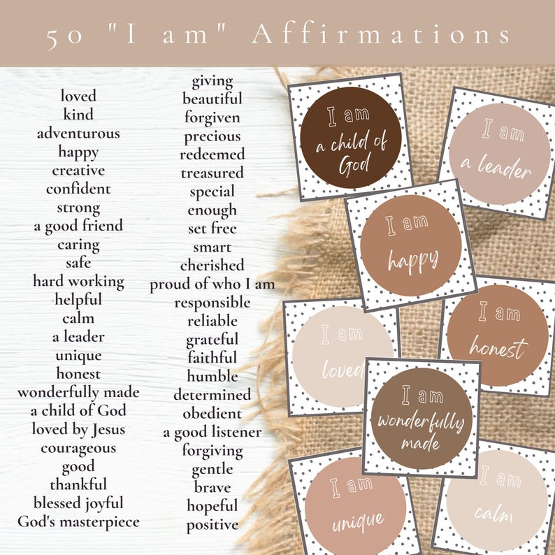 50 I Am Affirmation Cards for Kids Printable-neutral Brown Polka Dot ...