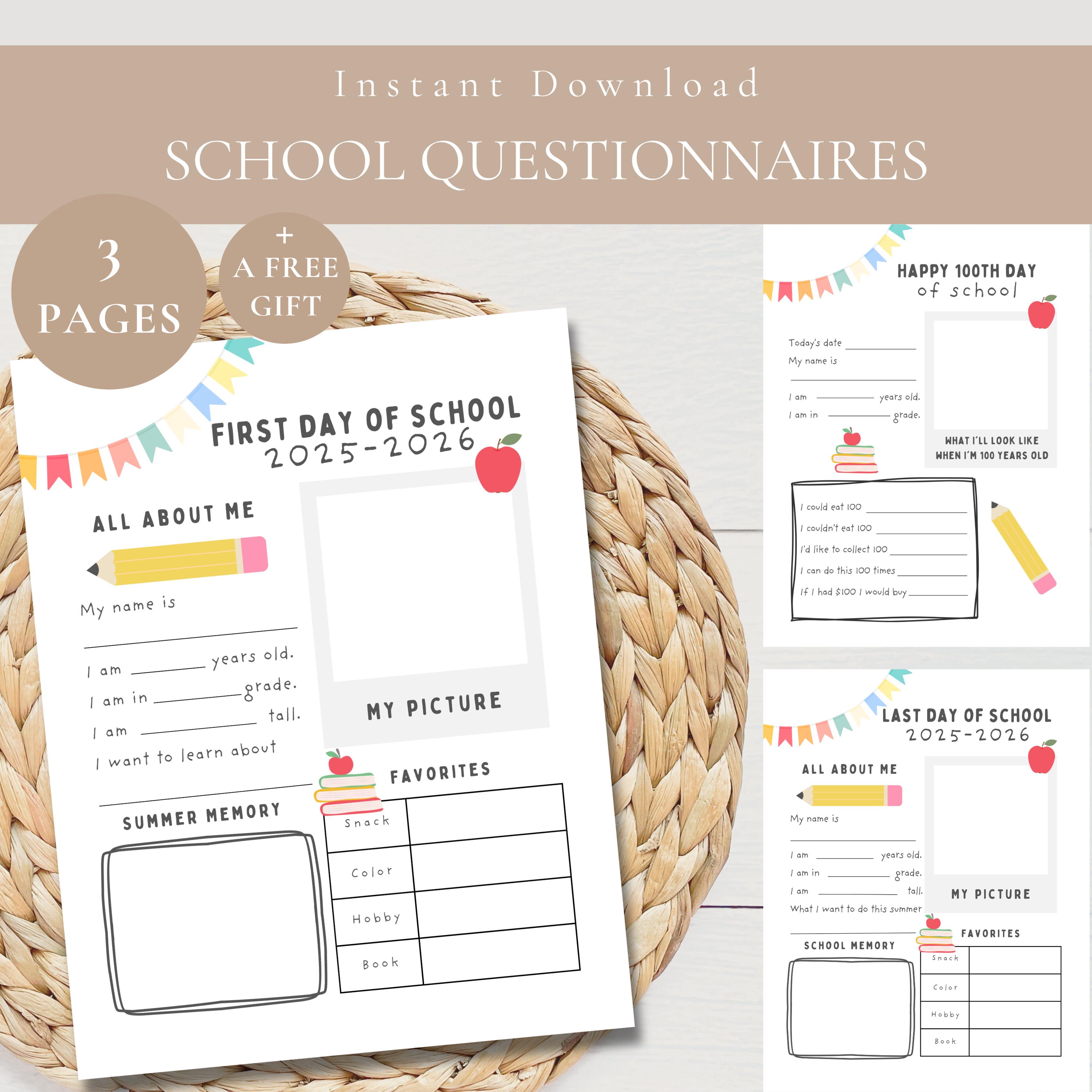 First Day of School Questionnaire Printable-2025 1st Day of School ...