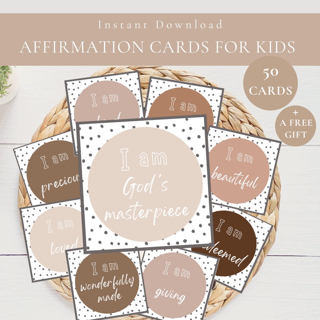 50 I Am Affirmation Cards for Kids Printable-neutral Brown Polka Dot ...
