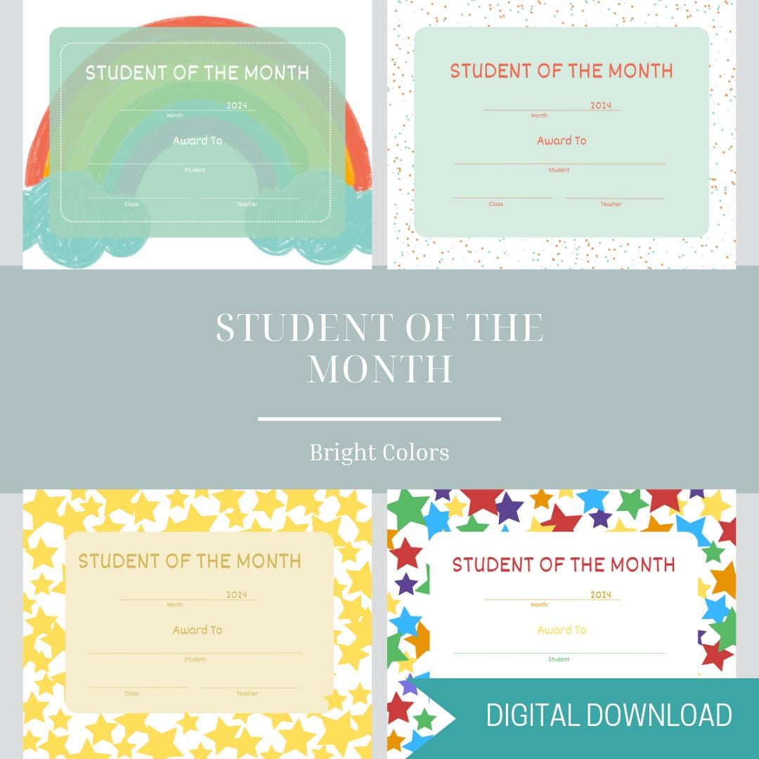 Student of the Month Award Printable Rainbow Theme Bright Colors Theme ...