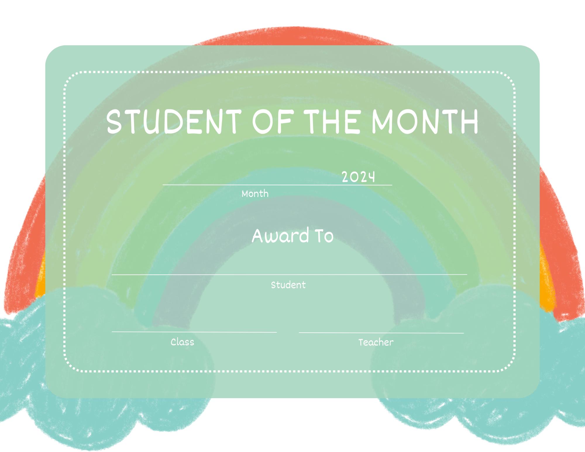 Student of the Month Award Printable Rainbow Theme Bright Colors Theme ...