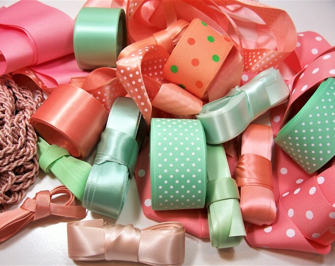Ribbon Scrap Bag, Scrap Bag of Mint Green and Peach Orange Ribbon X 1 ...