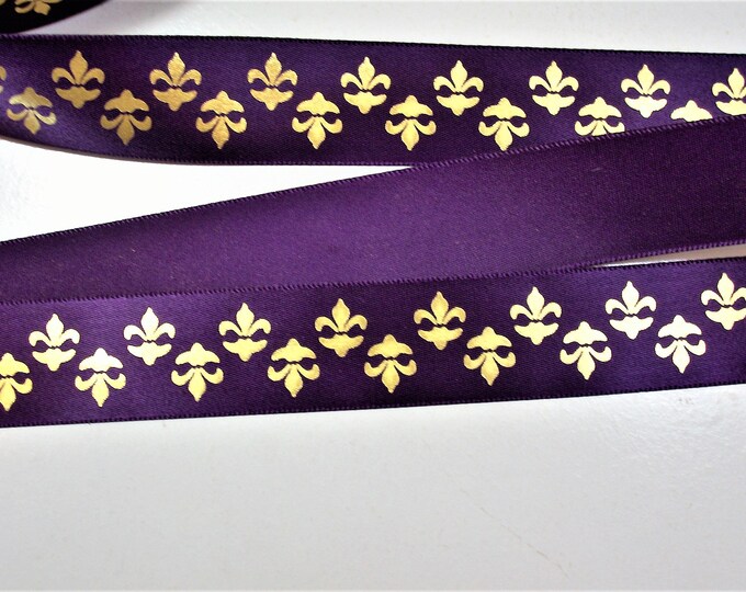 Purple Ribbon Single-faced Purple With Metallic Gold Fleur De - Etsy