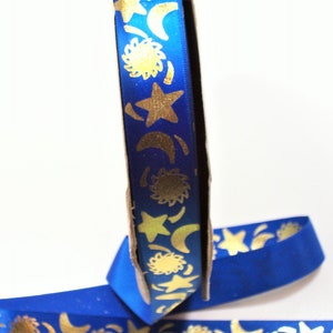 Blue Ribbon, Single-faced Blue Jay With Metallic Gold Moons and Stars ...