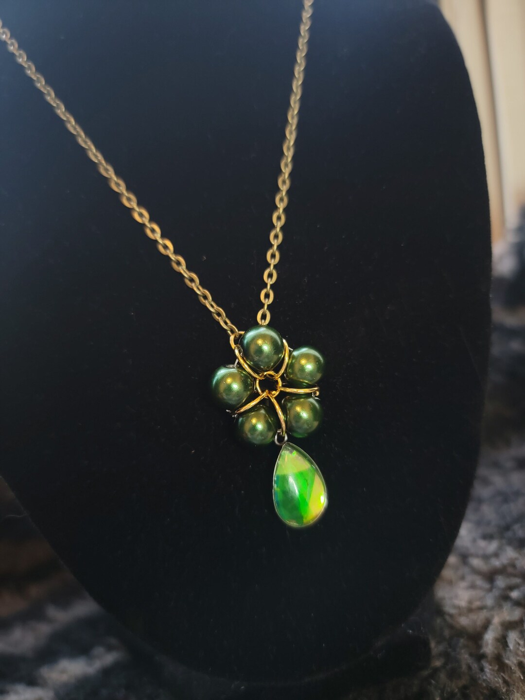 Flower Necklace Green Beaded Necklace Green Pendant Necklace - Etsy