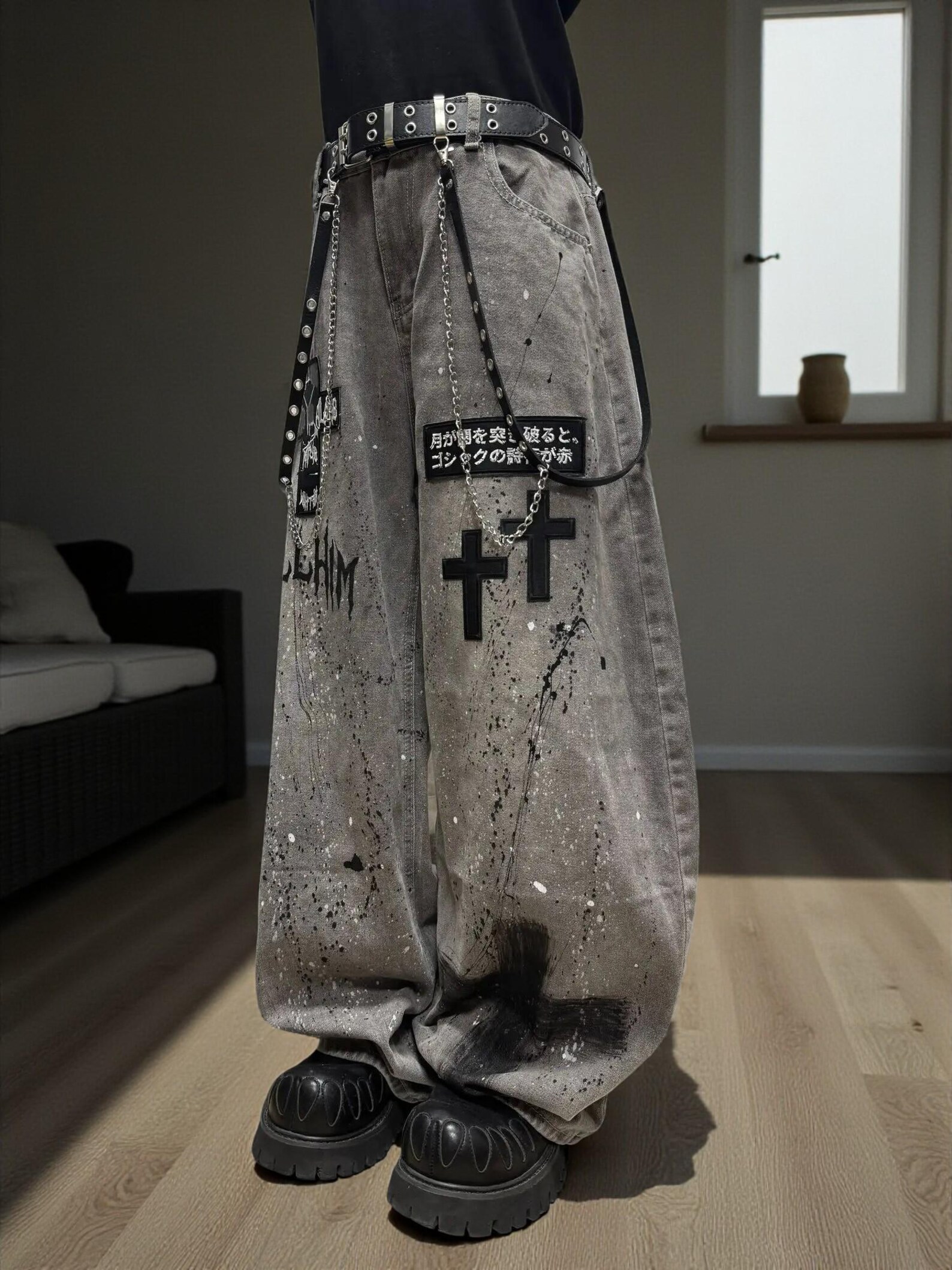 Gothic Punk Wide Leg Jeans, Washed Splatter Paint, Y2K Streetwear - Etsy