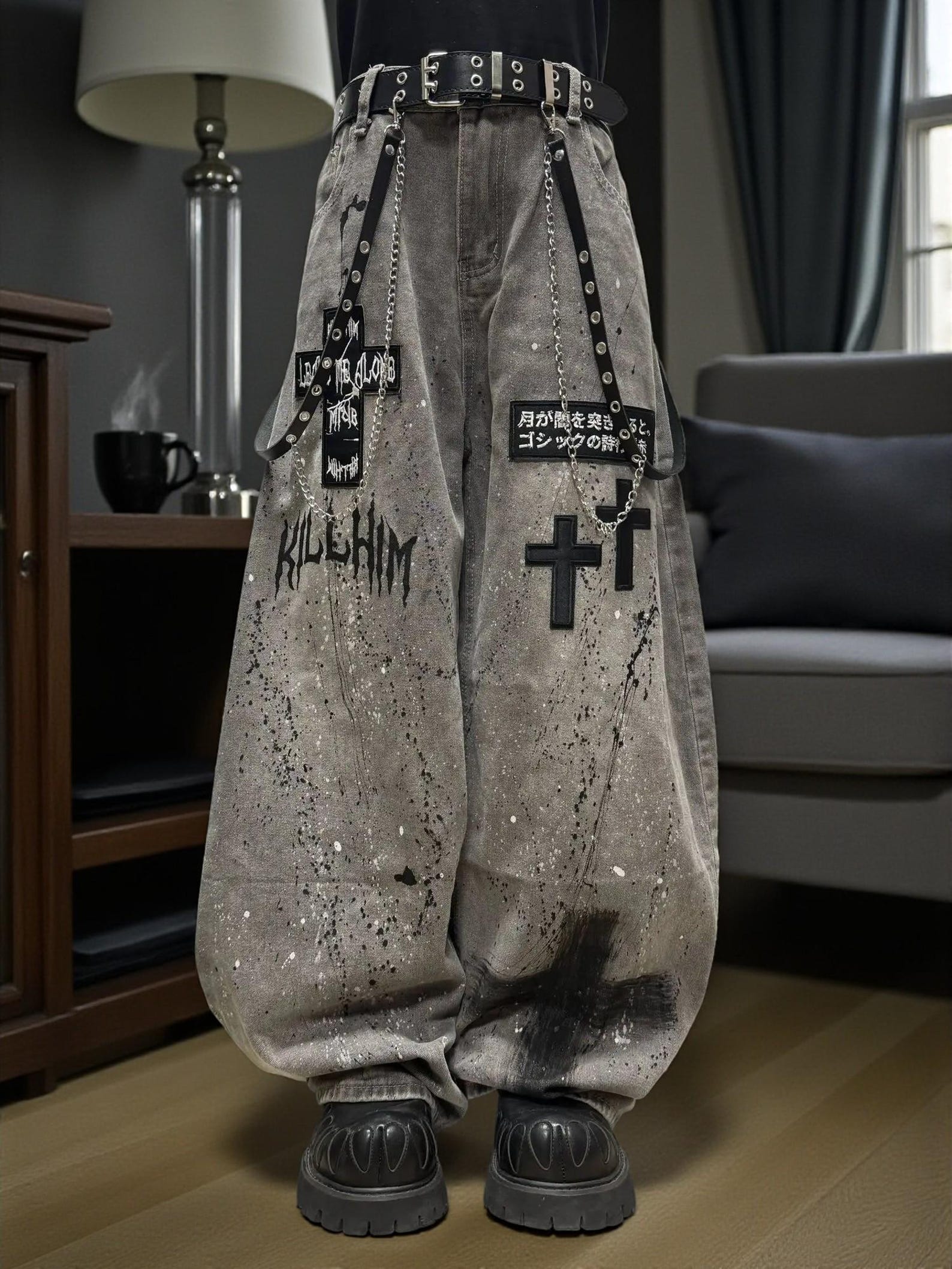 Gothic Punk Wide Leg Jeans, Washed Splatter Paint, Y2K Streetwear - Etsy