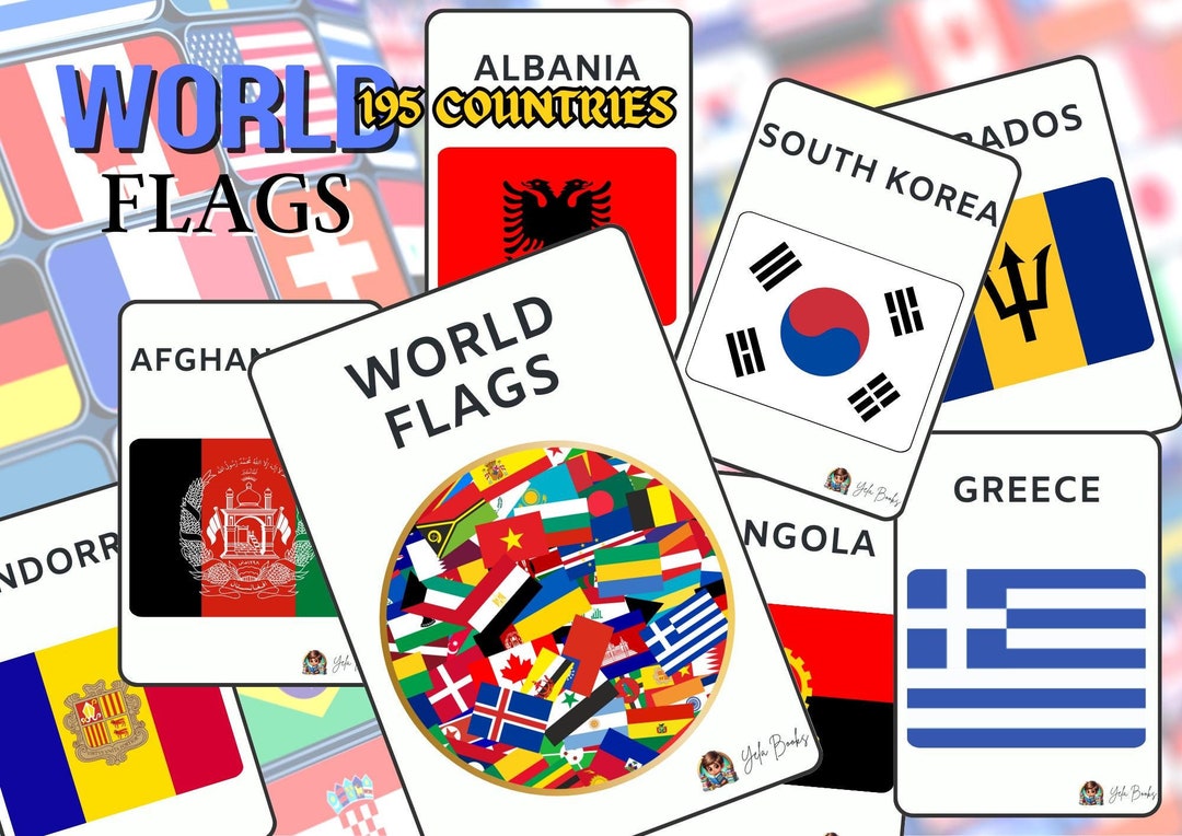 195 World Flags With Name Flash Cards/ International Country Flags/ World Flags Learning ...