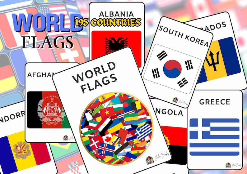 195 World Flags With Name Flash Cards/ International Country Flags ...