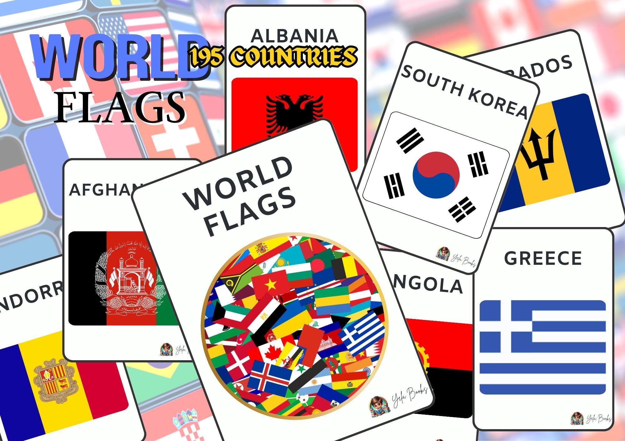 195 World Flags With Name Flash Cards/ International Country Flags ...