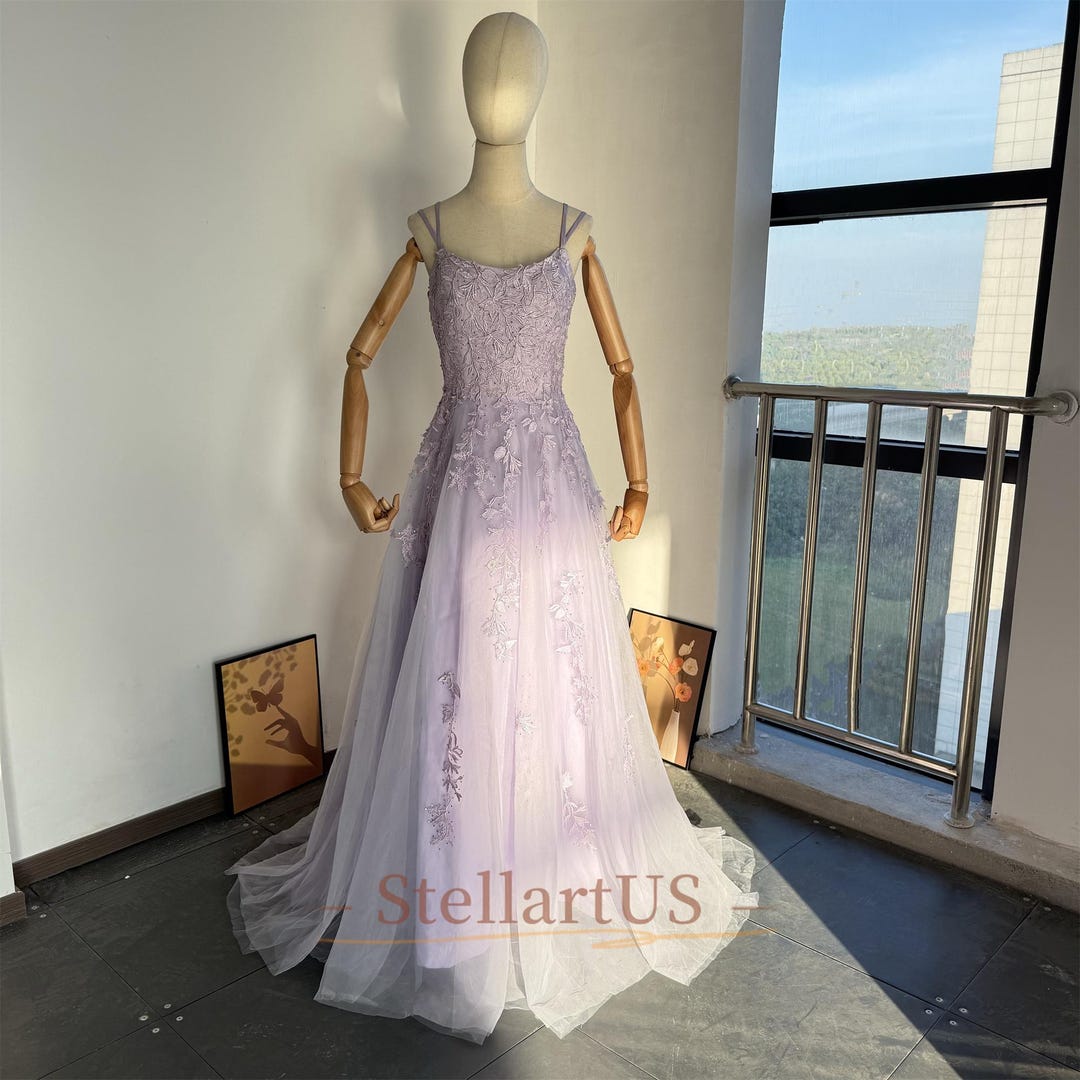 Spaghetti Straps Purple Prom Dresses,leaves Appliques Formal Dress ...